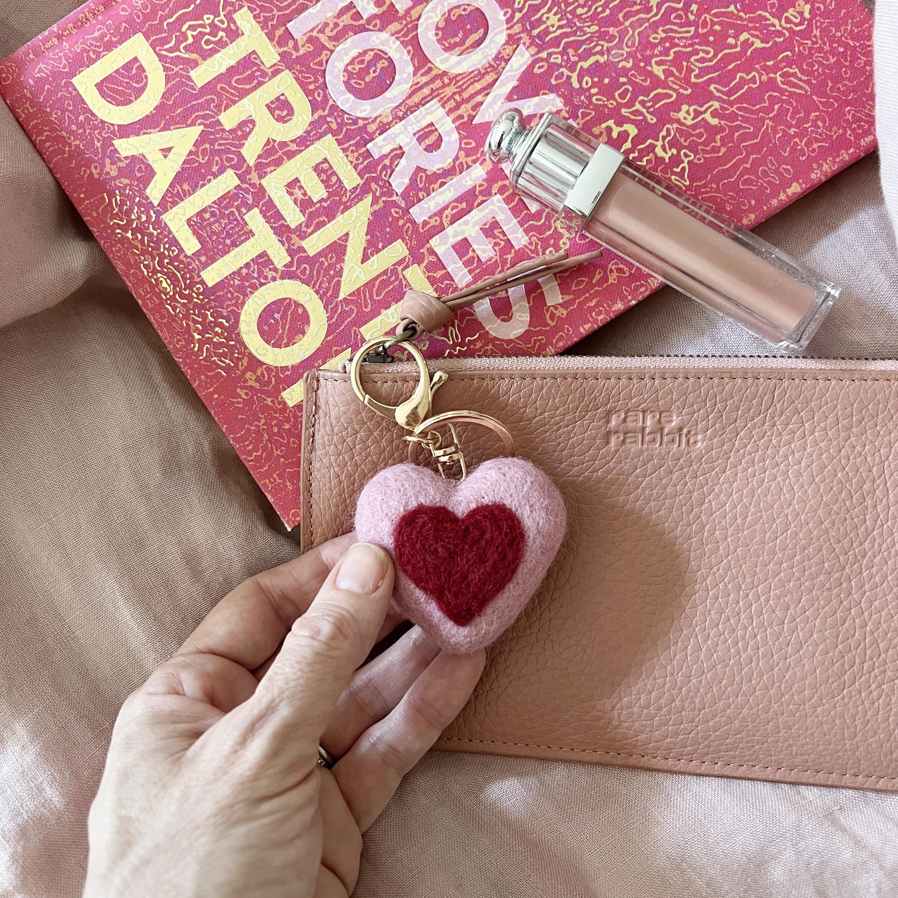 Pink Felt Heart Keyrings – Handmade Wool Gift & Bag Charms – Home Dweller